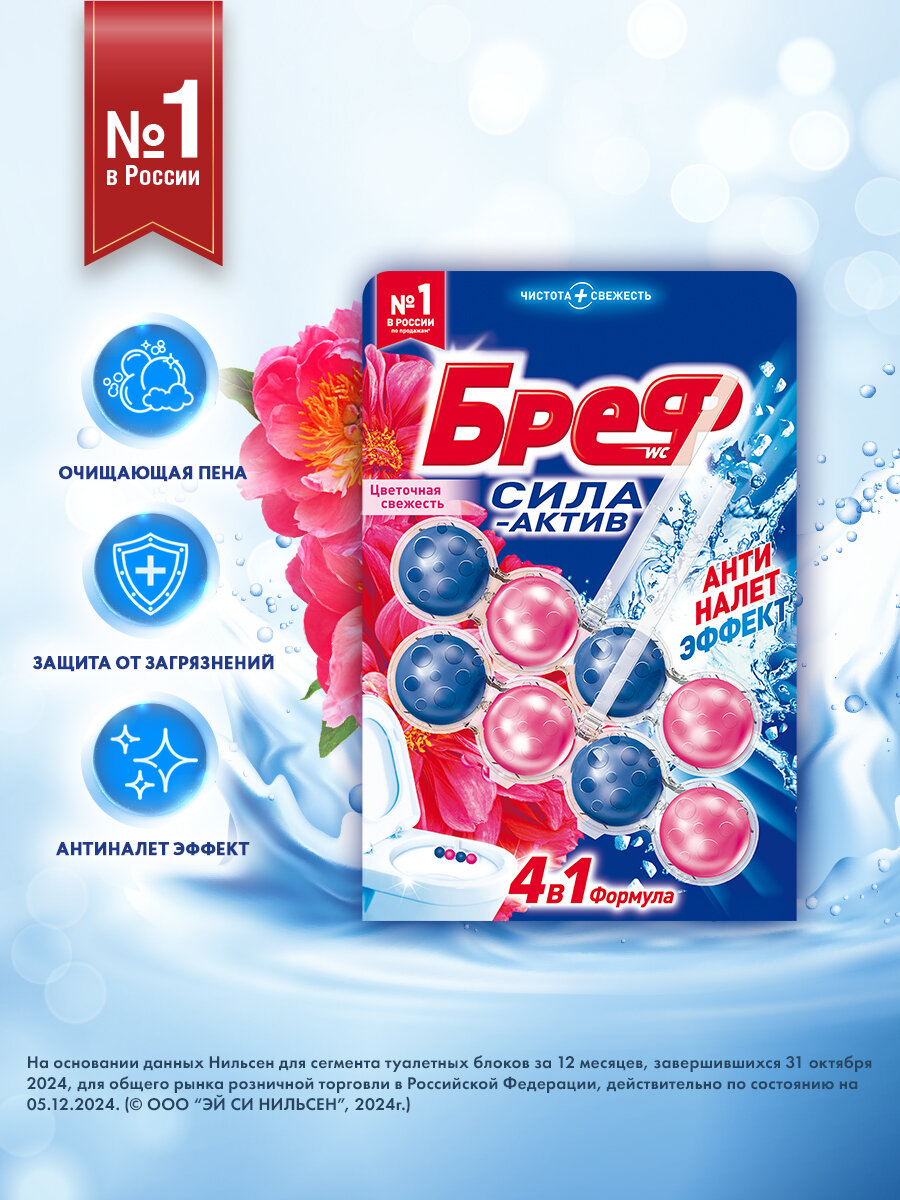 Набор сменных блоков для унитаза Бреф Сила Актив, антиналет эффект, цветочная свежесть, 2x50г