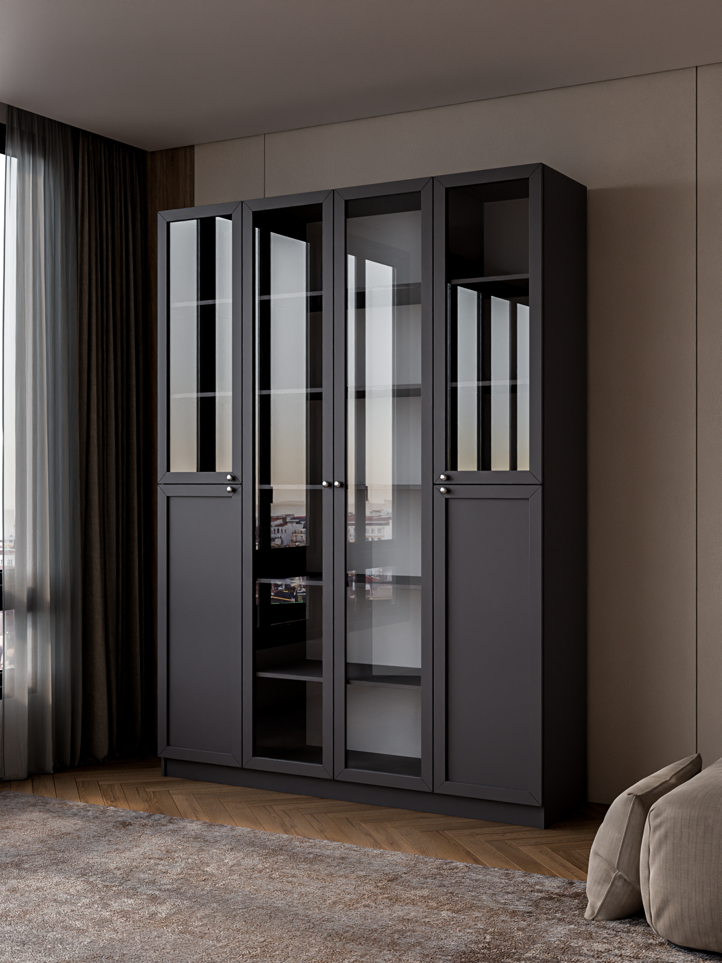 Шкаф книжный Анталия | Корпус ЛДСП Антрацит| Фасад рамка Антрацит | Ручка кнопка серебро