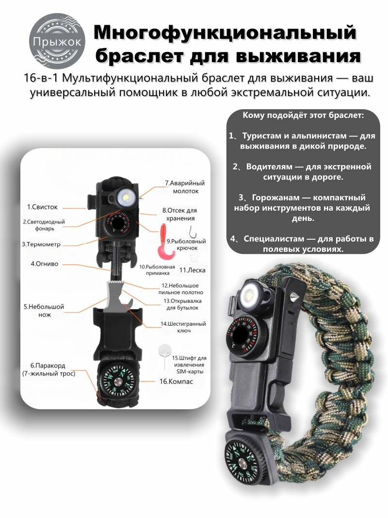 Браслет для выживания, многофункциональный, 16 в 1, зеленый, универсальный