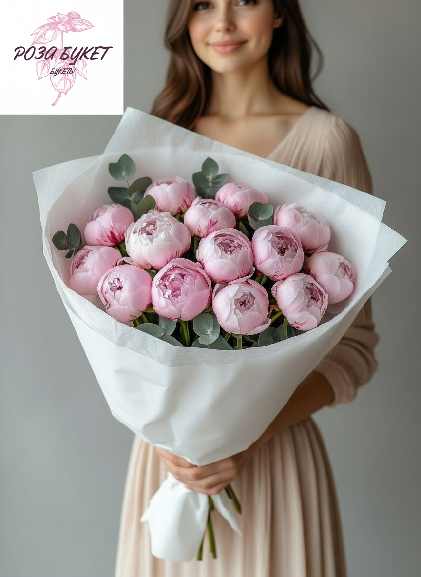 Букет цветов, букет из 17 розовых пионов с эвкалиптом, красивый, шикарный, премиум букет, долгий букет, долго стоящие