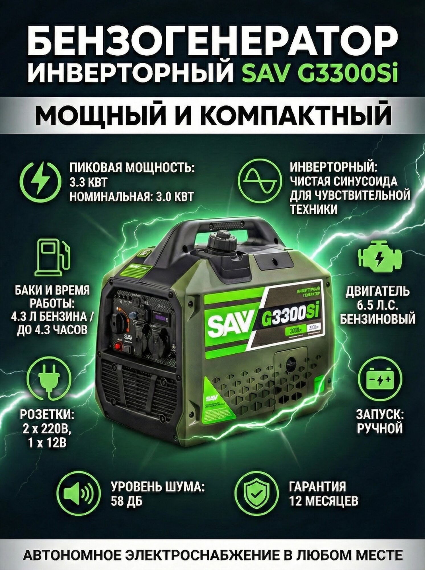 Генератор бензиновый инверторный электростанция 3.3 кВт G3300Si (555557)