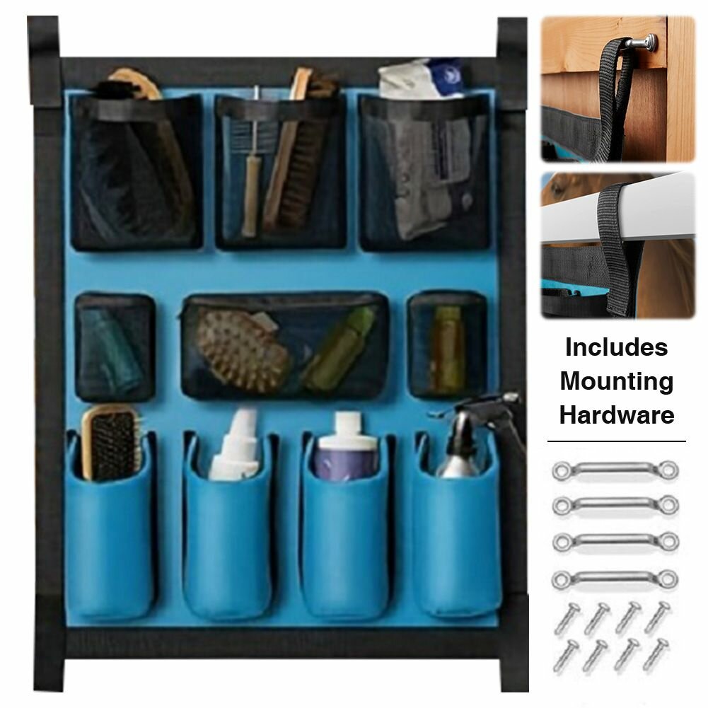 Органайзер для конских щеток бирюзового цвета, с тремя сетчатыми карманами на молнии