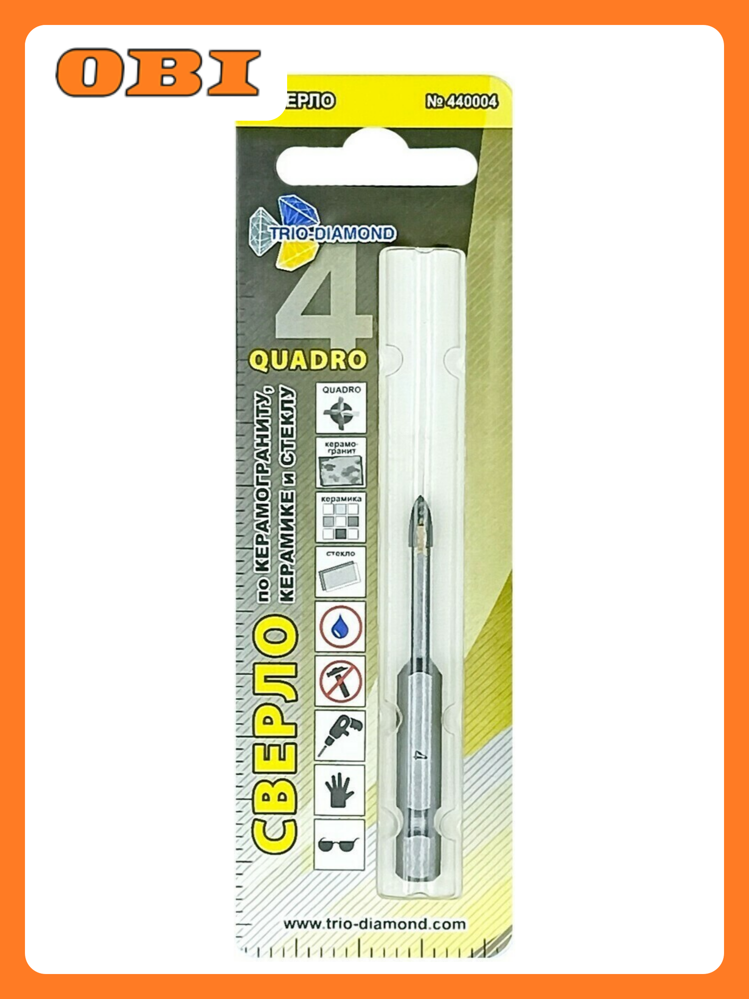 Сверло Trio Diamond 440004, по керамике, стеклу, керамограниту, кафелю, 4 мм