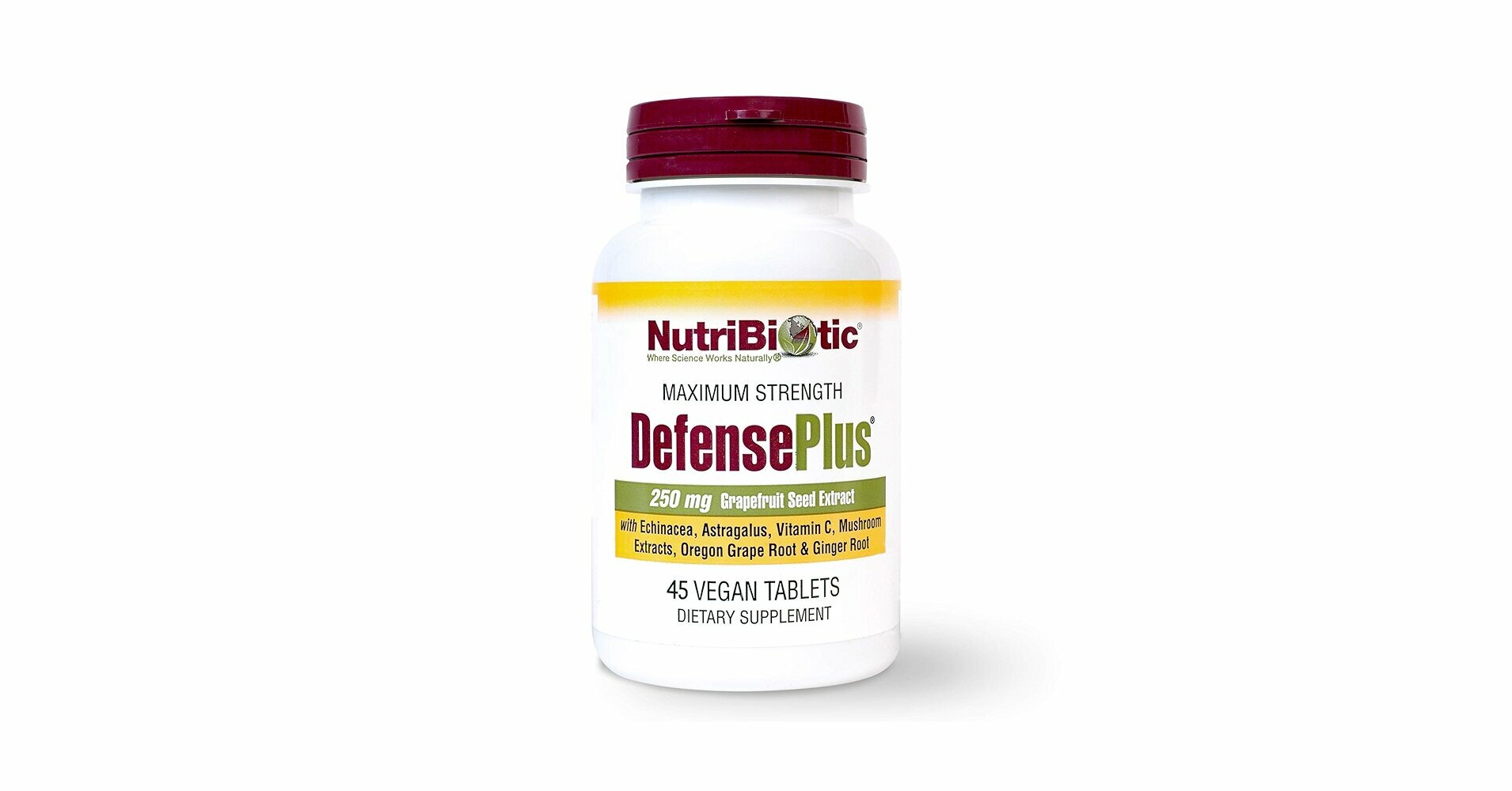 NutriBiotic, DefensePlus, максимальная сила, 250 мг, 45 веганских таблеток