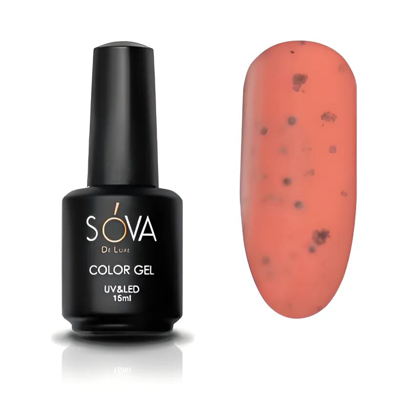 Sova De Luxe 445 Гель-лак коралловый с чёрными частицами, 15мл.