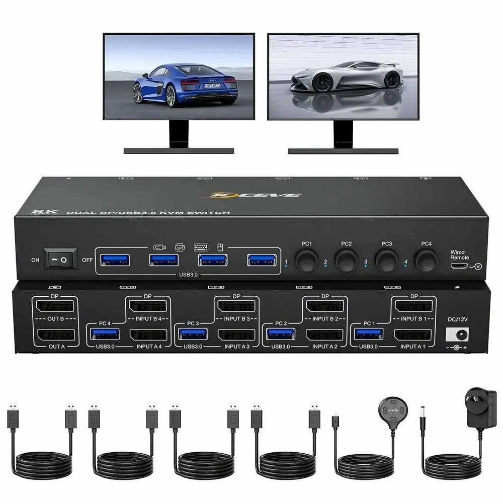 Переключатель KVM Switch (4PC, Dual DP 8K 30Hz, USB 3.0, remote control, power adapter)