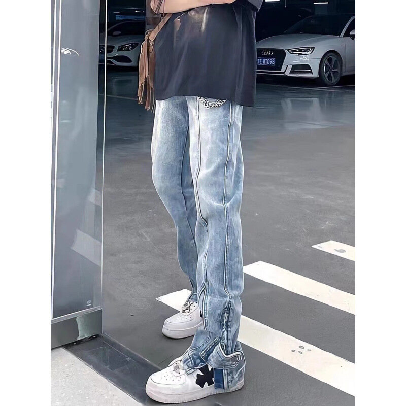 MON Мужские Джинсы Улица Стиральные Потертые ВеснаЧистый цвет прямой Стрейт Деним, Размер_M