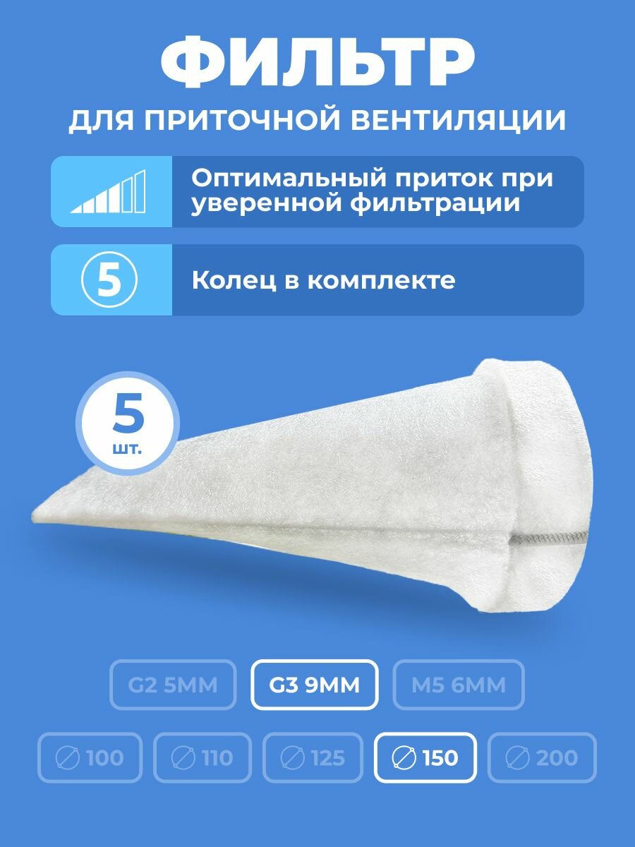 Фильтр канальный G3 150мм для приточной вентиляции в комплекте 5 штук, фильтр для бризера