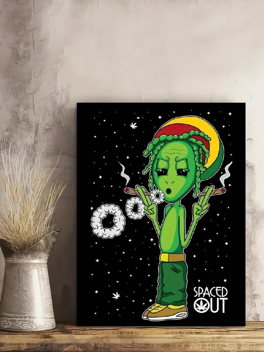 Растаман-пришелец В Космосе : Веселый холст для дома на тему каннабиса