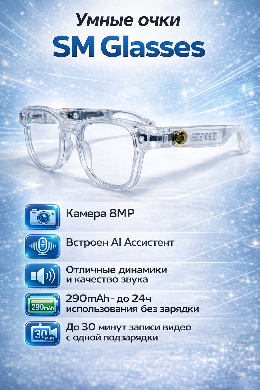Умные очки SM Glasses с камерой 8MP, Русский язык в приложении, AI