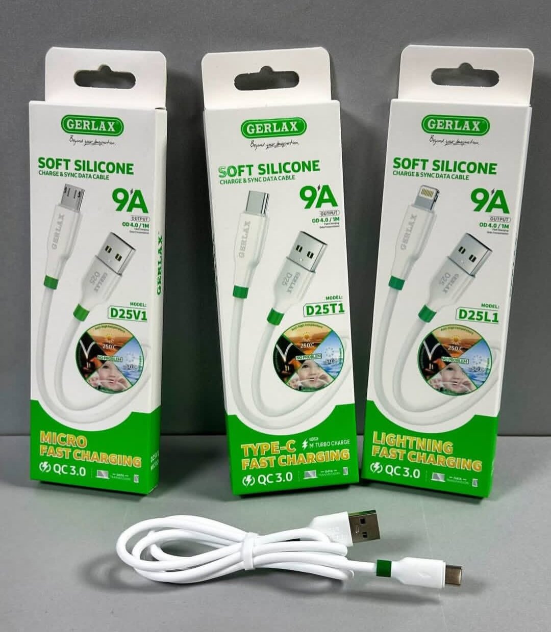 Кабель GERLAX D25T 9A, USB Type-C, быстрая зарядка, Силиконовый кабель,1 метр, белый.