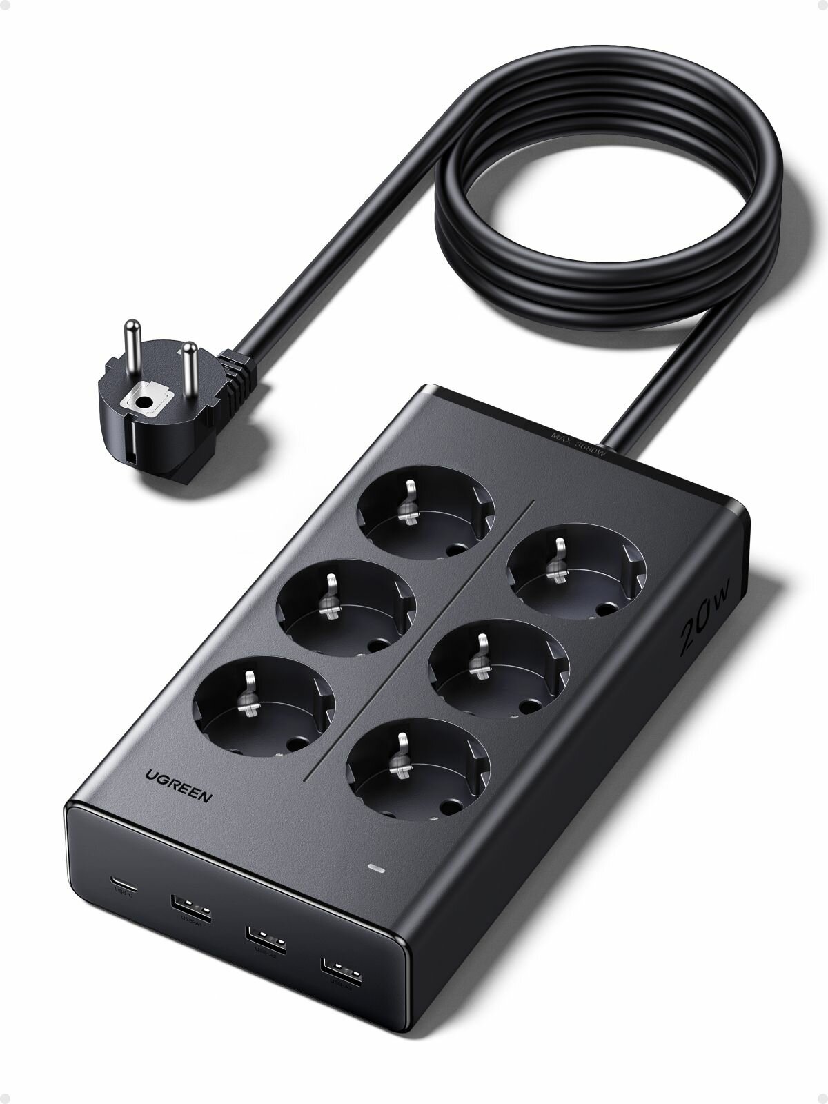 Удлинитель UGREEN S622 (75141) 20W 6-Outlet With USB-C&3*USB-A Power Strip. Цвет: черный
