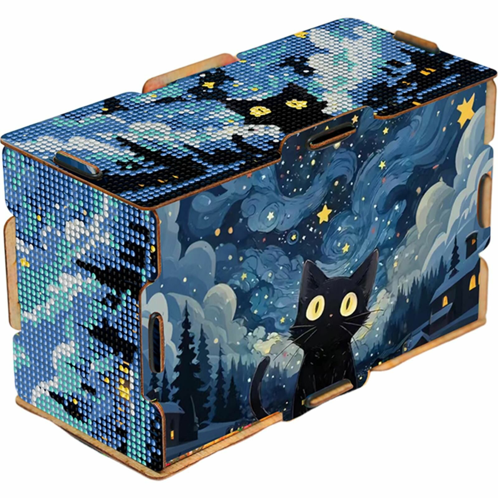 Алмазная мозаика для сборки деревянной коробки для салфеток "Космический котенок", 3D конструктор с стразами