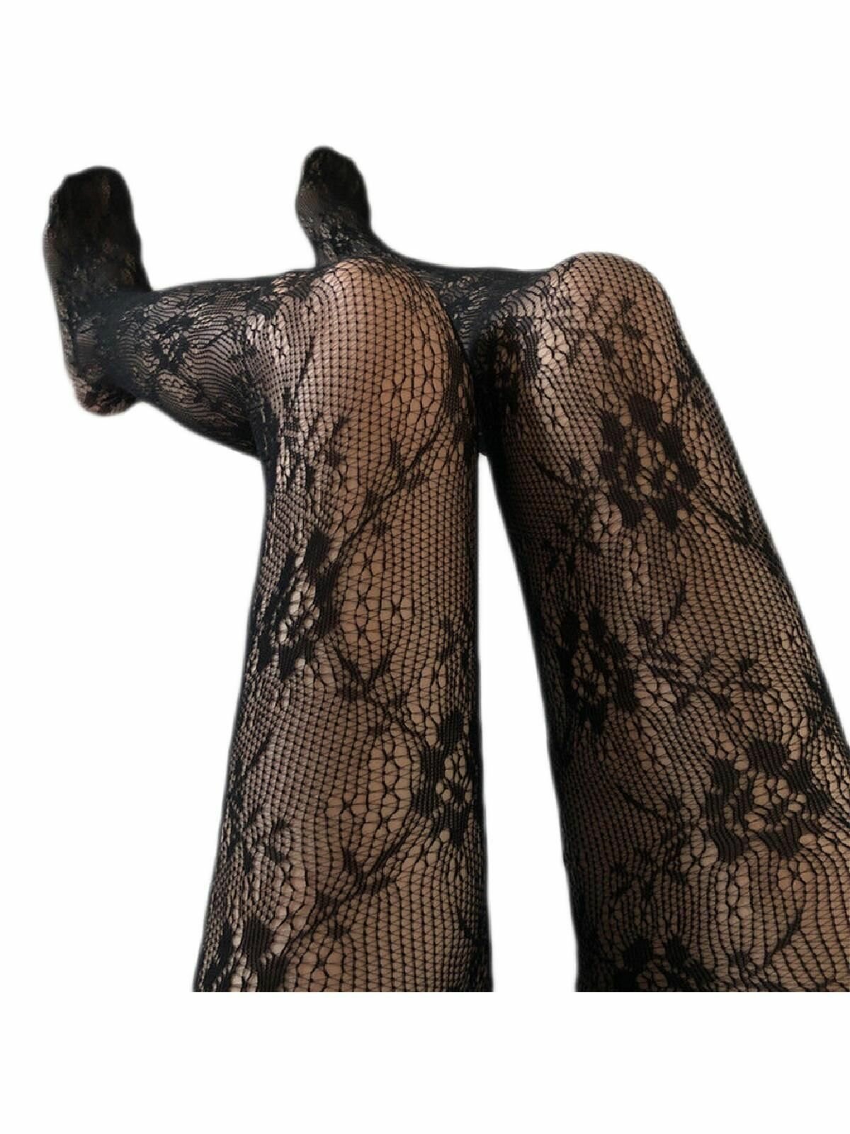 Японские готические колготки с цветочным узором, Черный