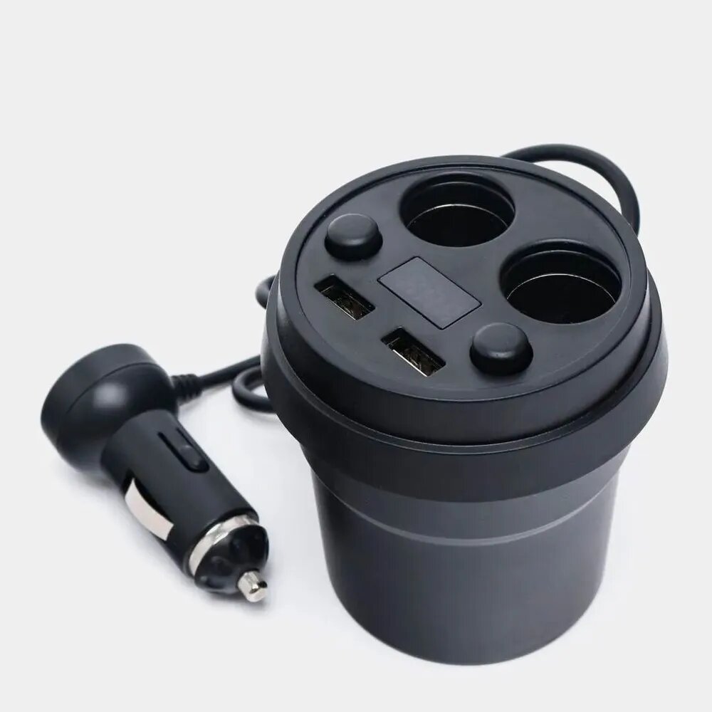 Разветвитель прикуривателя в подстаканник автомобиля 12В/24В с кнопками, индикатором напряжения и 2 USB