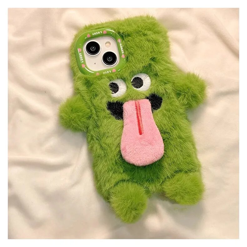 Стильный и милый плюшевый чехол для телефона с вышитым язычком, мягкий защитный чехол из пушистого плюша, зеленый, для iPhone 15 Pro Max.