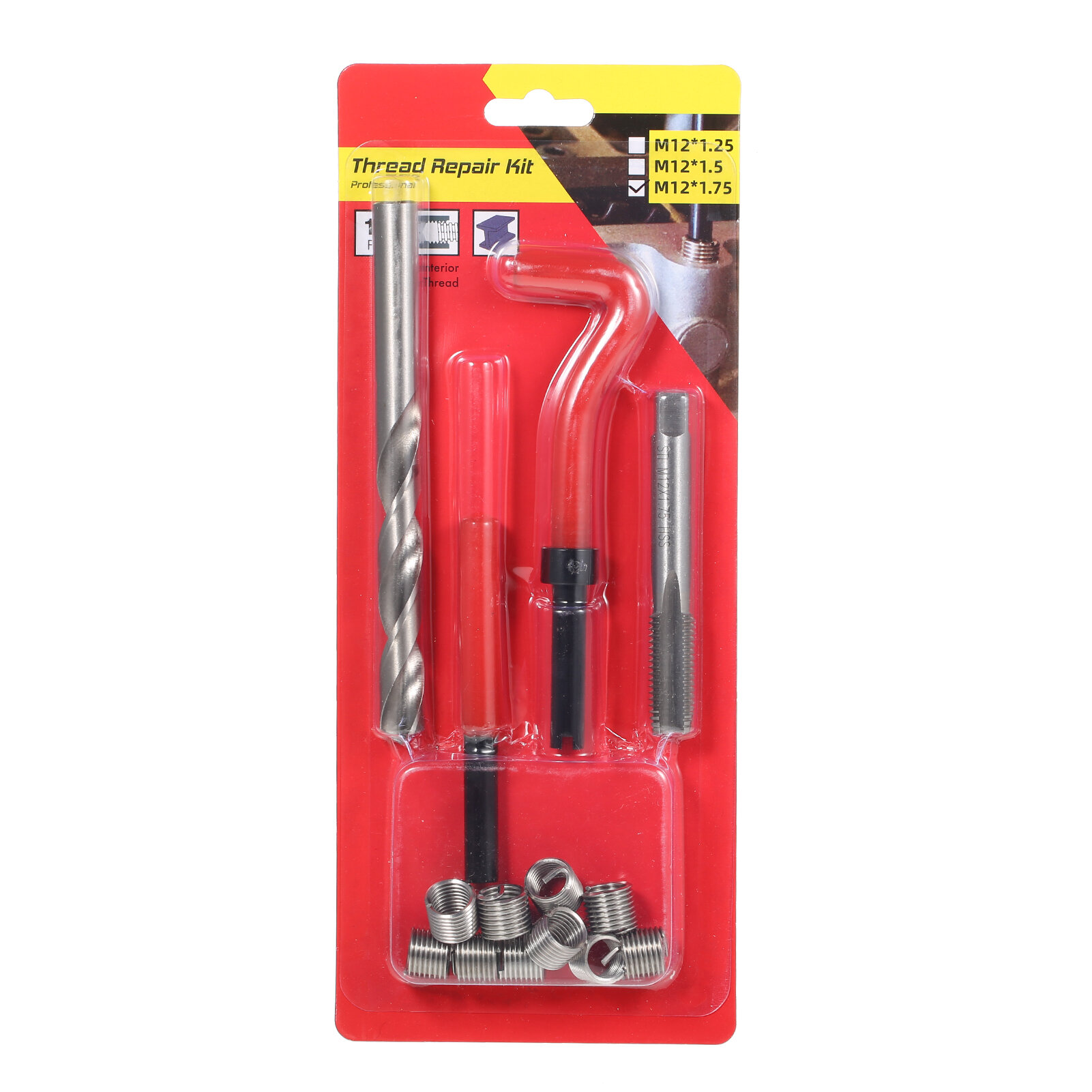 Набор для ремонта резьб Metric Thread Repair Insert Kit 15 шт, M5 M6 M8 M10 M12 M14, M12*1.75, Helicoil Car Pro Coil Tool, сталь, серебристый цвет, размер упаковки 21*17*3см, вес упаковки 389г