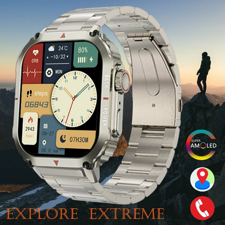 Часы наручные мужские женские с большим 1,95' AMOLED-экраном, GPS-системой отслеживания движений, компасом, фитнес-трекером и монитором уровня глюкозы в крови