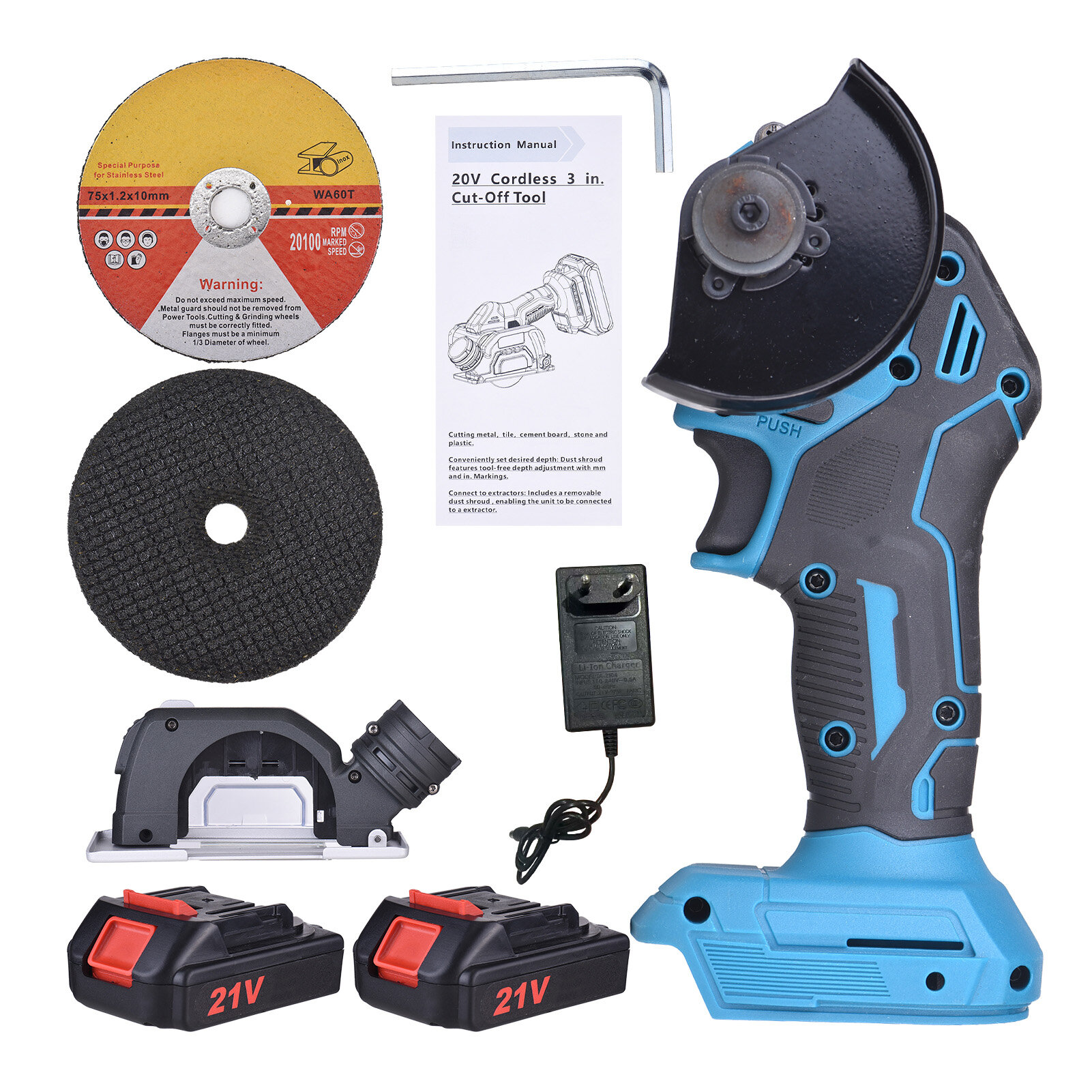 Аккумуляторная циркулярная пила, ручная угловая шлифовальная машина 3 дюйма, перезаряжаемый отрезной инструмент для резки металла, дерева, плитки и мрамора. Одноручная пила 3 дюйма с 2 батареями (вилка стандарта ЕС).