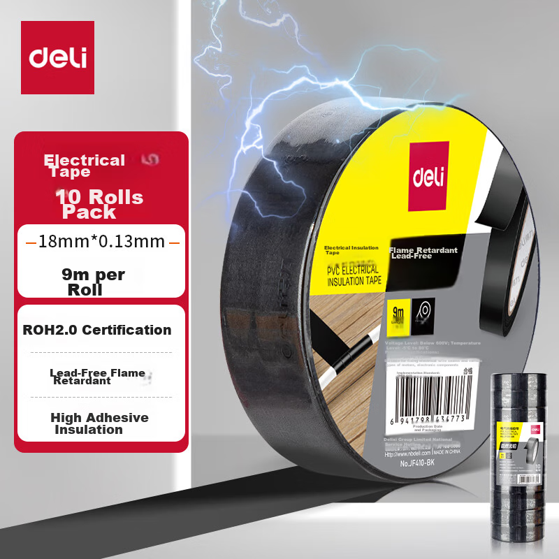 Deli Electrical PVC Insulation Tape, Waterproof, Flame-Retardant, Low Temperature Resistant, 18mm*9m*0.13mm, Black, 9 Meters, 10 Rolls, JF410-BK
