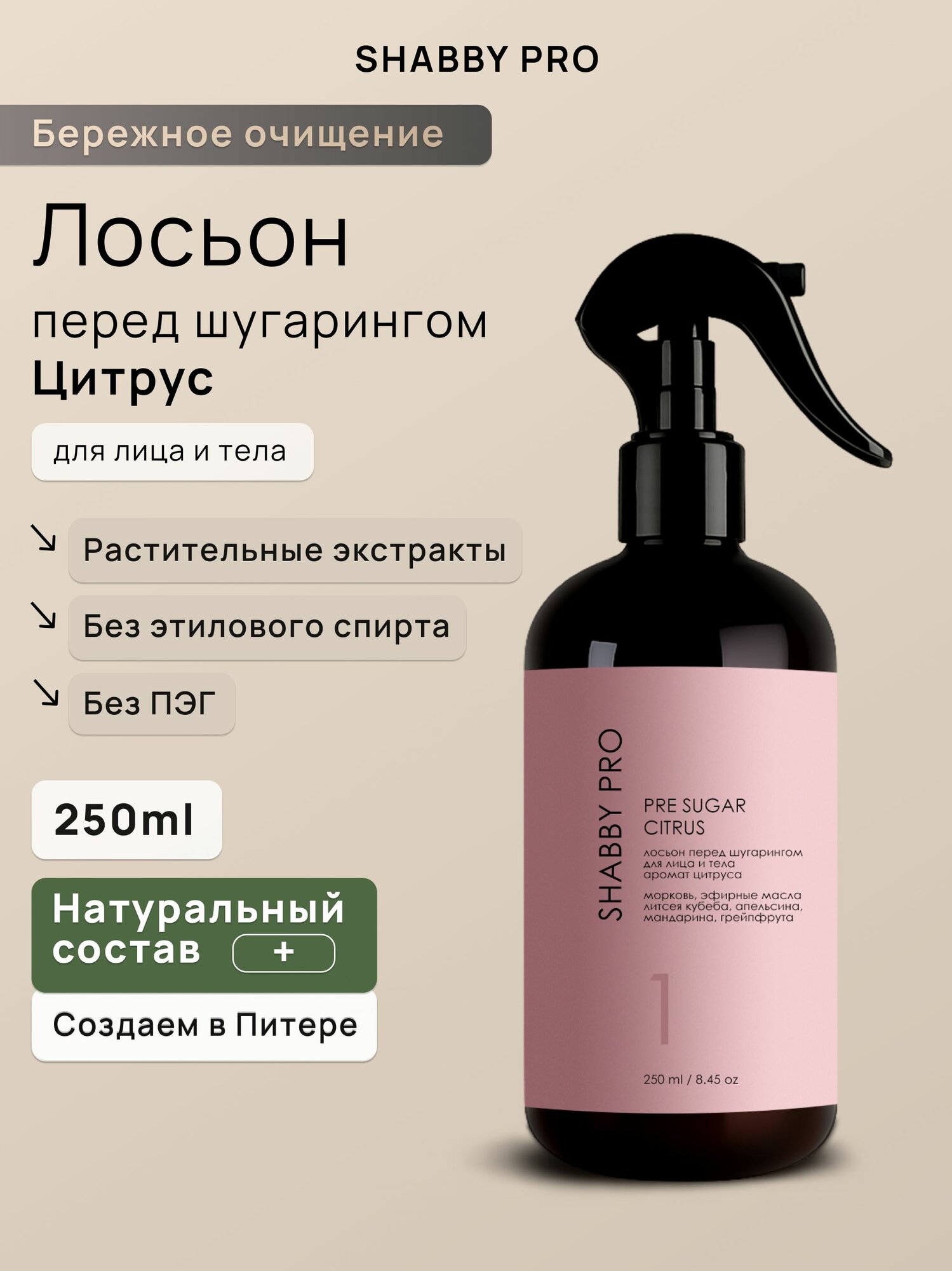 Лосьон перед шугарингом Цитрус SHABBY PRO 250 мл мицеллярный очищающий лосьон для лица и тела, без агрессивного спирта, для подготовки кожи к депиляции, веганская формула