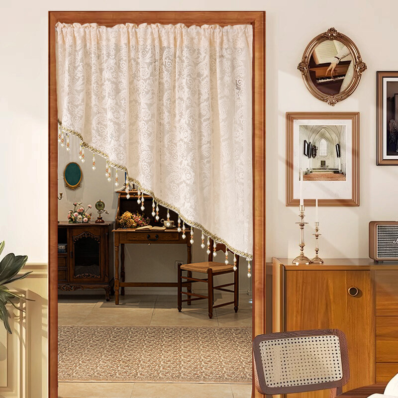 Кружевная дверная занавеска с подвесными бусинами, без необходимости сверления, фэн-шуй перегородка, полукруглая арочная занавеска, прозрачная занавеска, атмосферная треугольная дверная занавеска