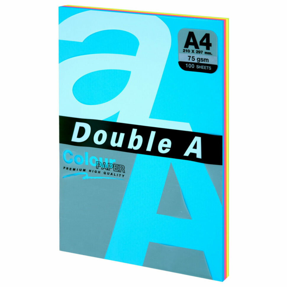 Бумага цветная DOUBLE A, А4, 75 г/м2, 100 л, 5 цветов x 20 л, микс неон, 115134
