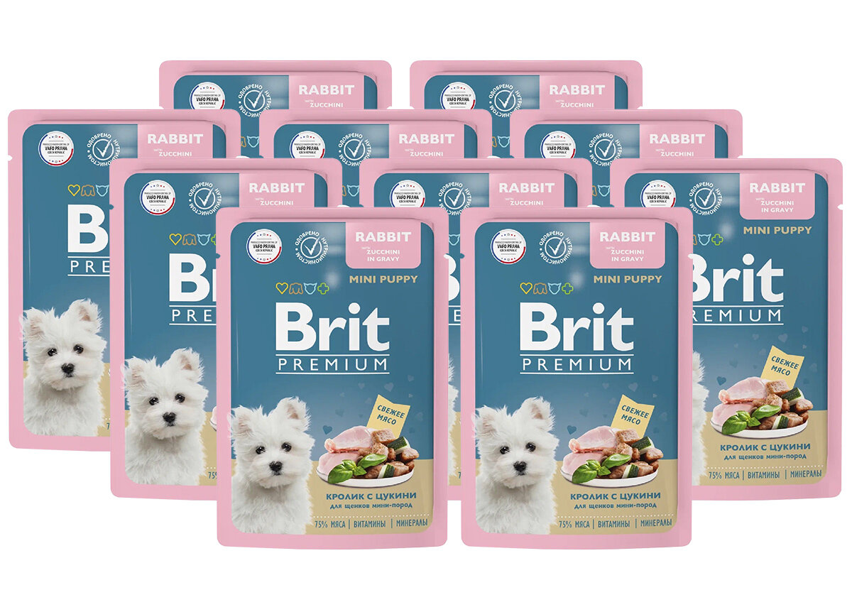 Корм влажный Brit Premium Puppy Mini Rabbit&Zucchini для щенков мал пород, кролик и цукини в соусе, 85 гр х 10 шт