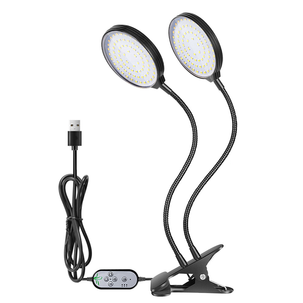 USB Растительный свет 156 светодиодов Полный спектр солнечного света Регулируемая настольная клип-лампа для комнатных растений 5 уровней яркости Таймер 4/8/12ч Черный 30Вт 2-х головная IP66 1 м Кабель 300*98 мм 429 г
