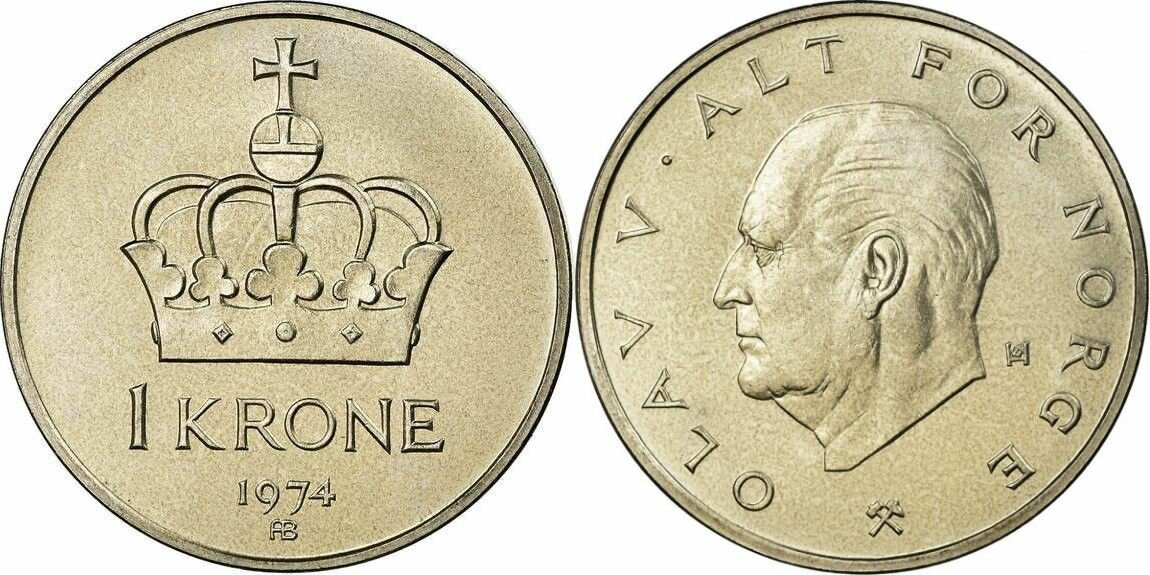 Норвегия 1 крона, 1974 - 1991 Король Улаф V XF