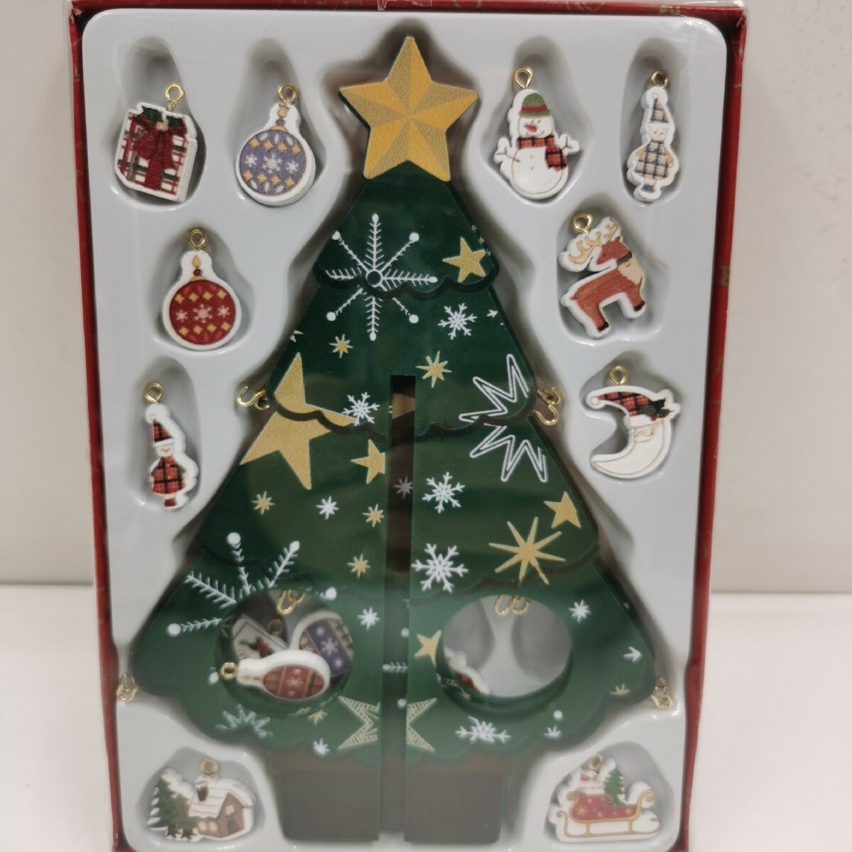 Елочка деревянная настольная с игрушками 19,5 см 3D декор новогодний, рождественский, украшение на праздник