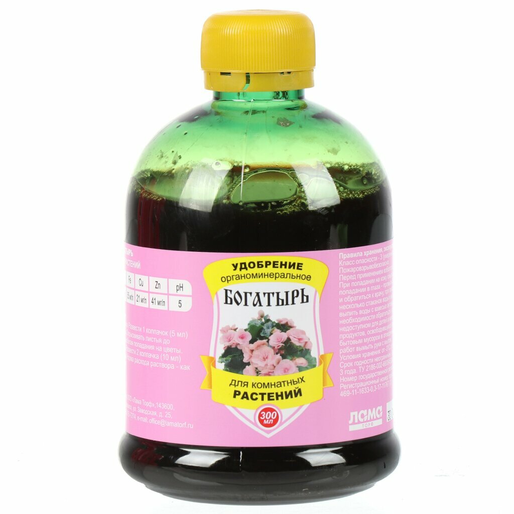 Удобрение Богатырь для комнатных растений, органоминеральное, жидкое, 300 мл, Лама Торф, стимулятор активного роста