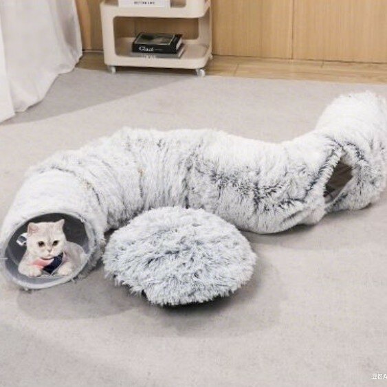 Зимний ворсовой складной S-образный туннель для кошек с уютным гнездом и тепловой защитой Цвет：СерыйРазмер：Серый