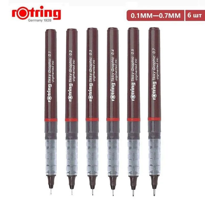 Tikky Изограф Rotring , 6 шт 0.1MM-0.7MM, пластиковый корпус Одноразовая нейтральная ручка для рисования