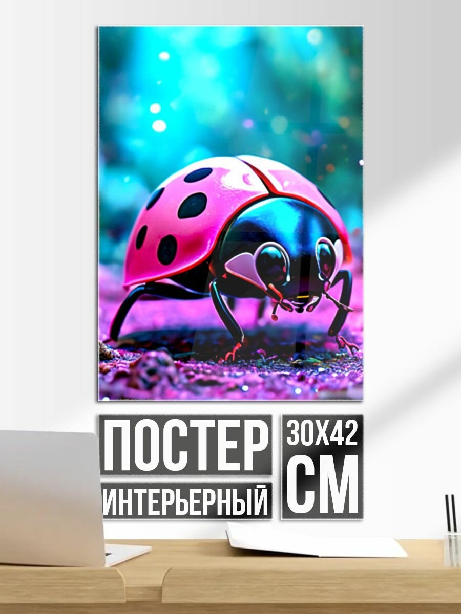 Постер на стену Божья коровка в неоновом лесу