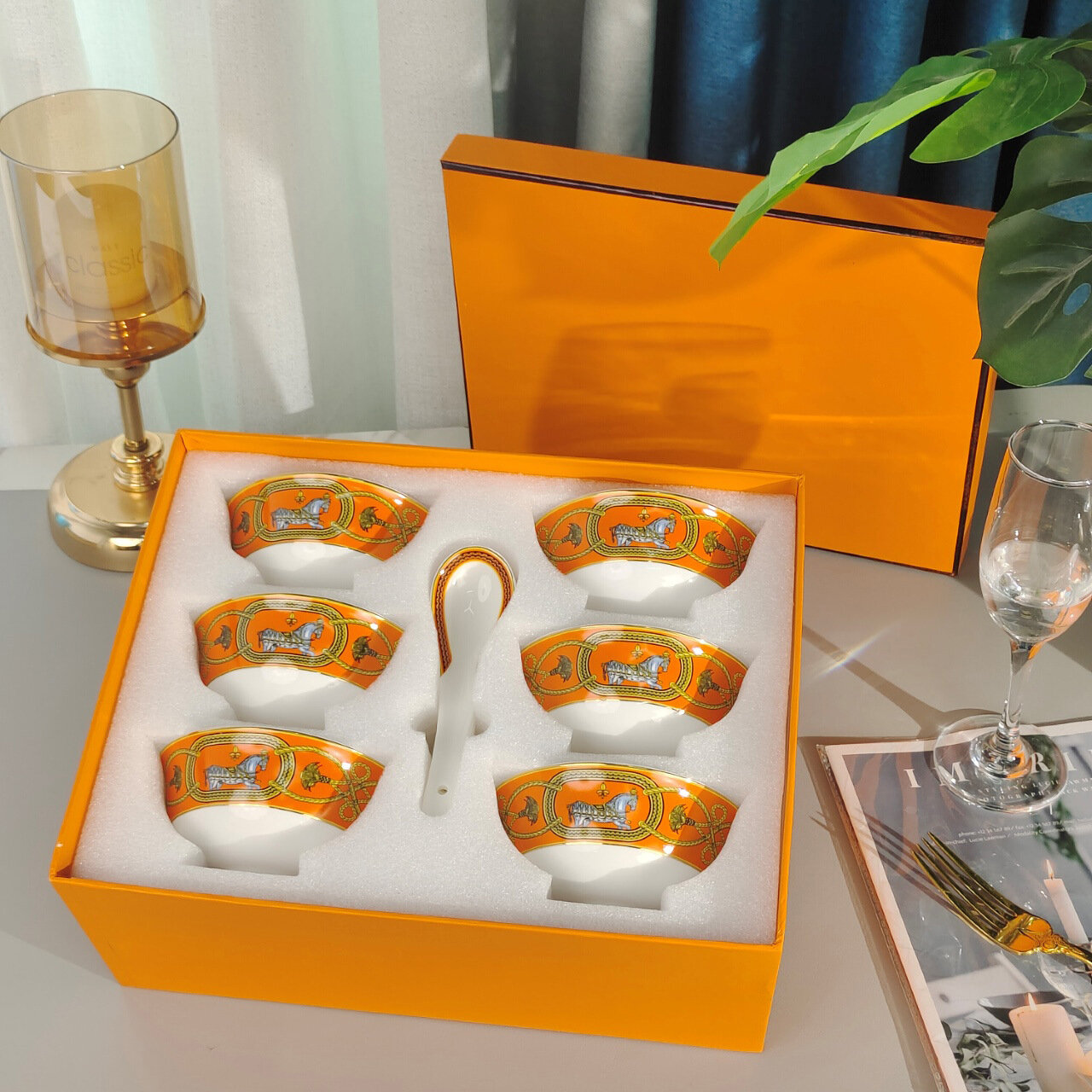 2026 Европейский стиль домашняя керамическая миска набор суповых мисок подарочная коробка высокая миска для риса ложка изысканный роскошный подарок оптовая продажа от фабрики