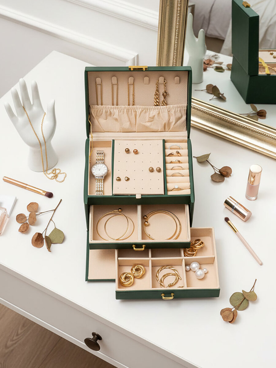 CLOX winder / Шкатулка для украшений с тремя ящиками, зеленая