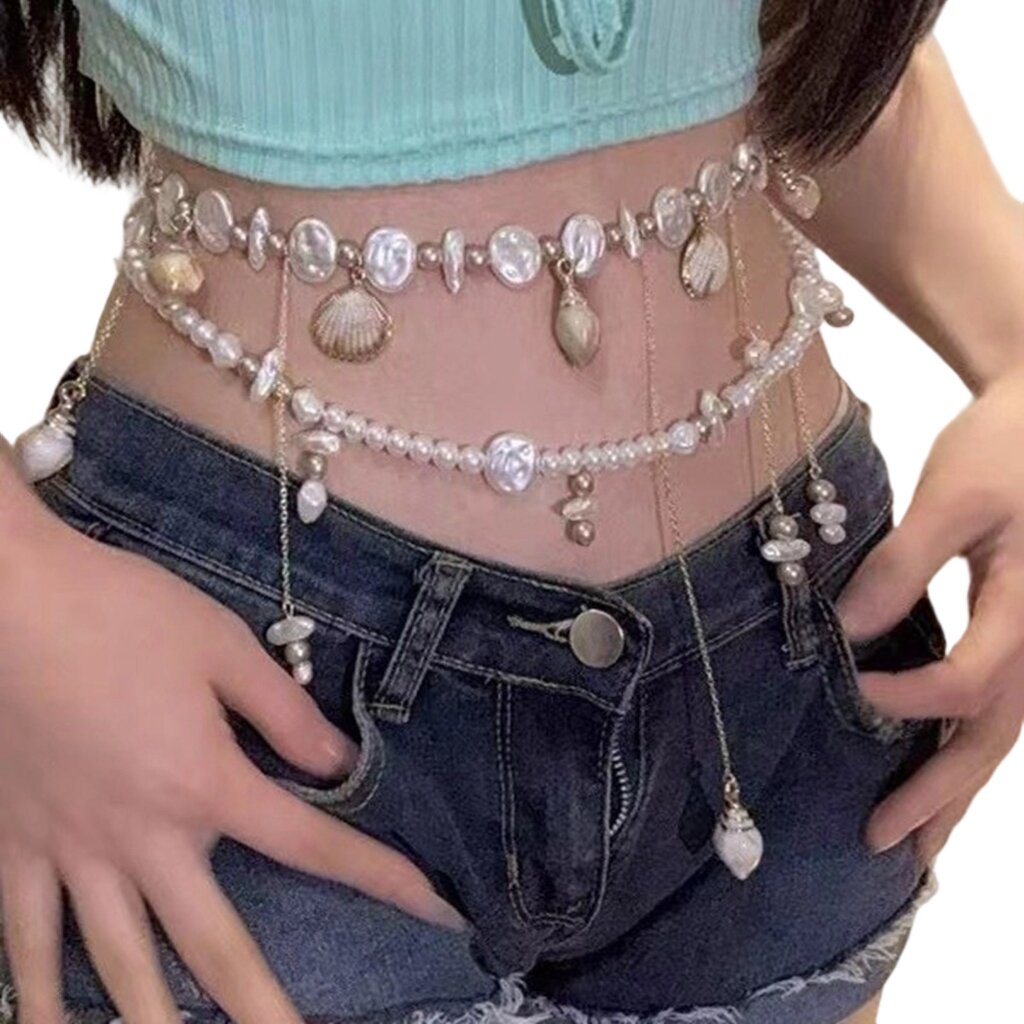 Stylish Two Layer Seaside Waist Chain Pearls Conch Shell Fringe Accessory