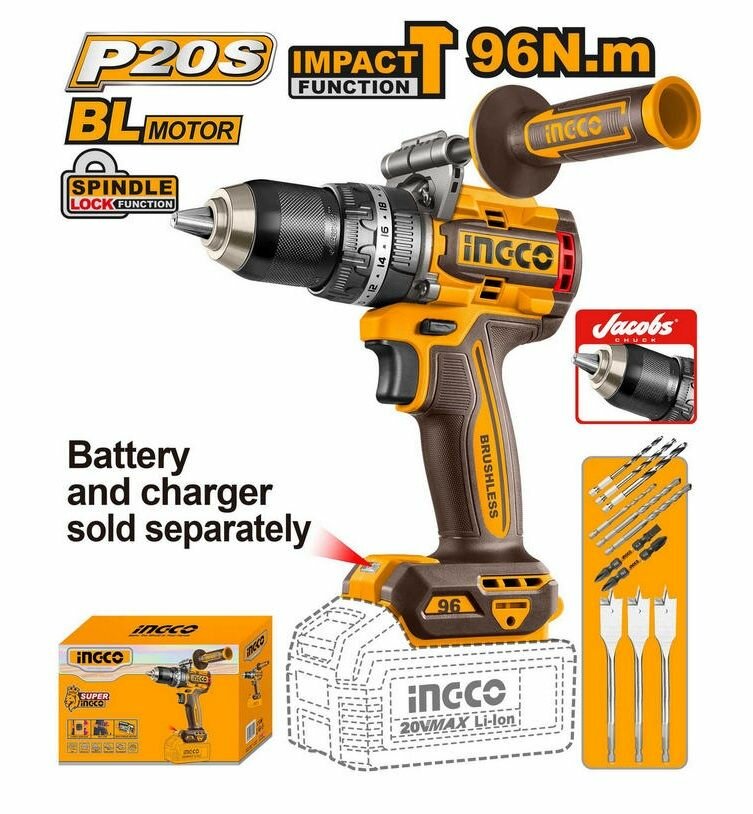 Аккумуляторный бесщёточный ударный шуруповерт INGCO CIDLI209685 INDUSTRIAL 20 В 96 Нм