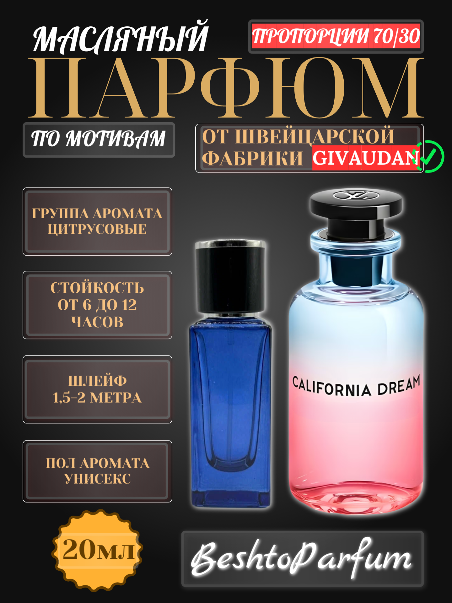 Масляные духи по мотивам Louis Vuitton California Dream, 70% масла, 20 мл