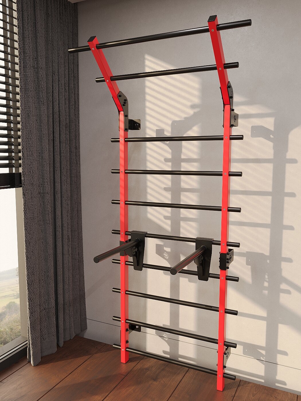 Профессиональная шведская стенка с брусьями и турником Domsen Fitness Ds58 RED, для всей семьи, детская и взрослая