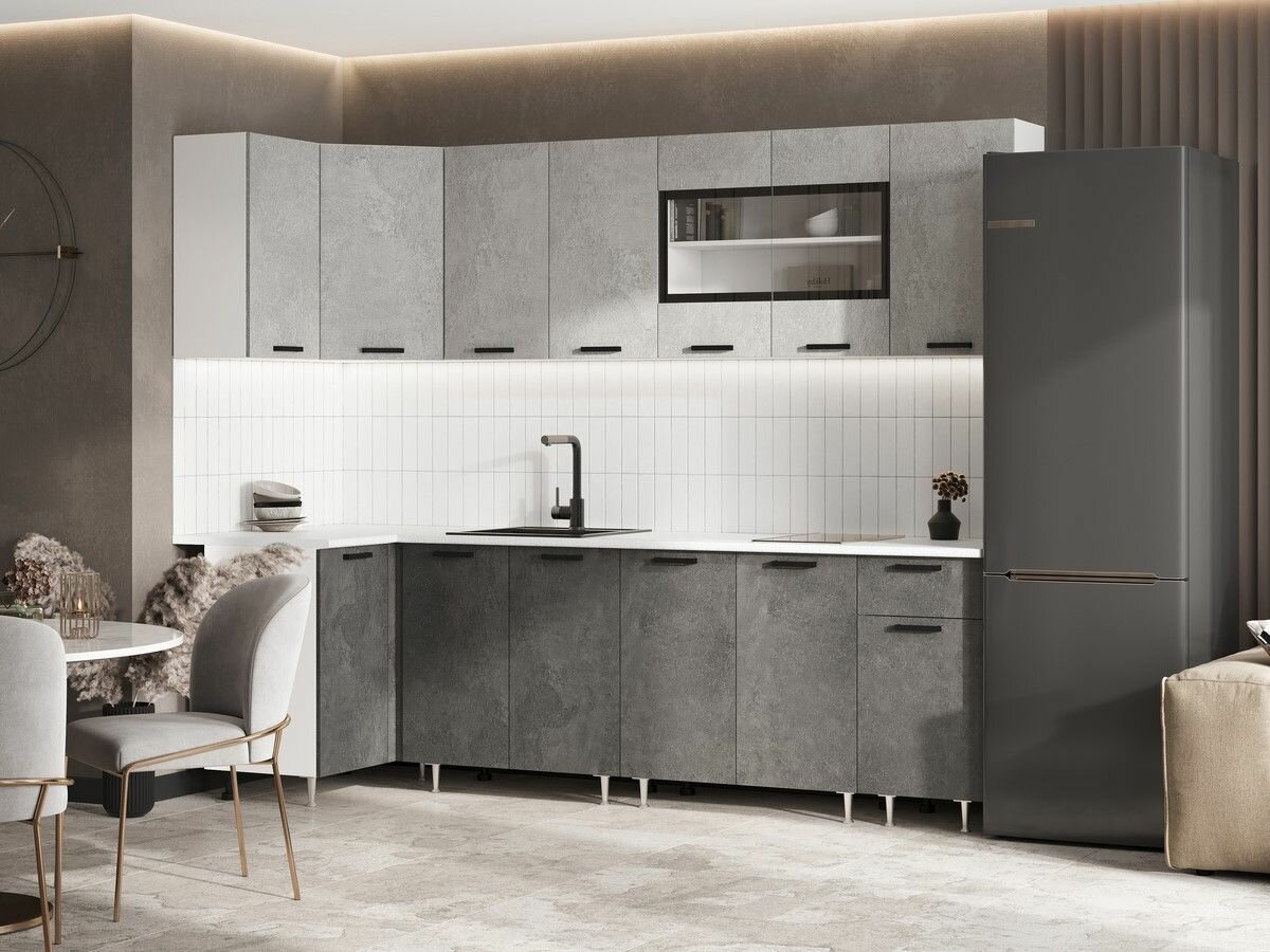 ЛДСП Кухня Рио NEW 2,6х1,0м Бетон светлый/Бетон темный, Белый, Столешница Антарес