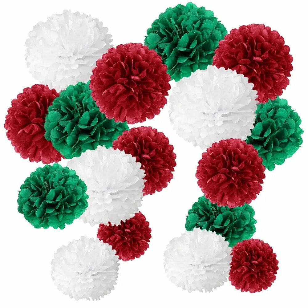 Набор бумажных помпонов 17 шт(Белый, красный, зеленый.)