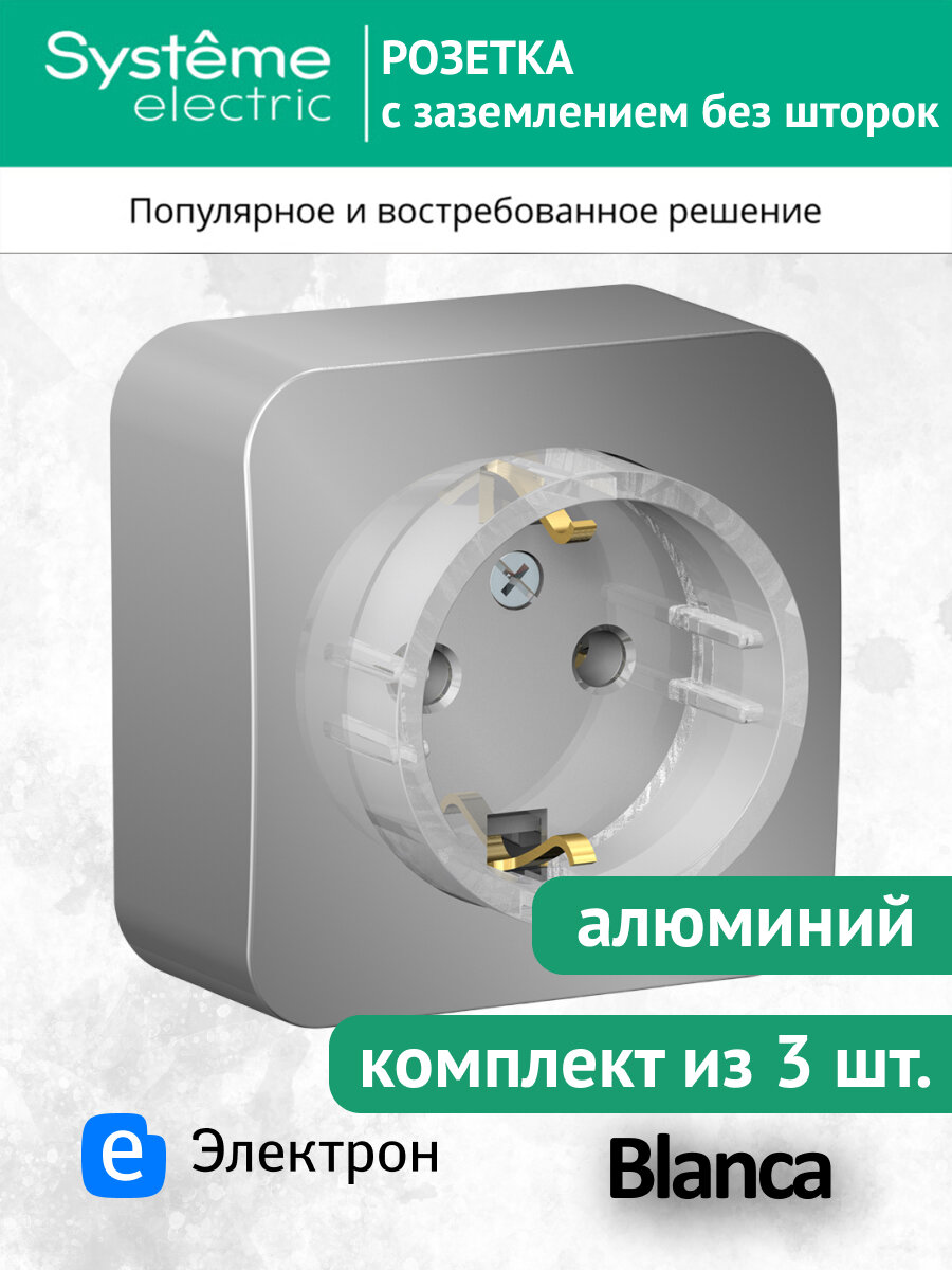 Розетка Systeme Electric Blanca с заземлением, алюминий, для открытой проводки, BLNRA110113 (комплект из 3 шт.)