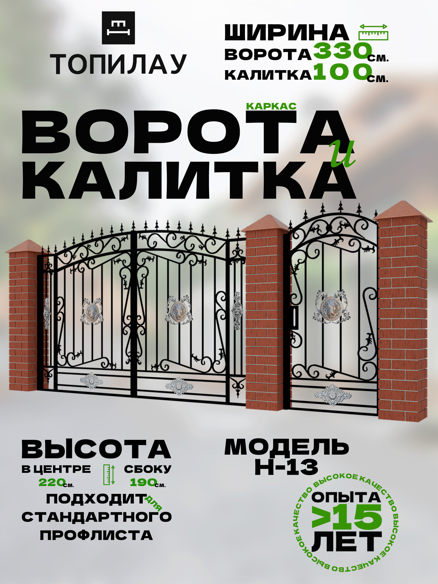 Кованые ворота для дома с калиткой, модель H-13