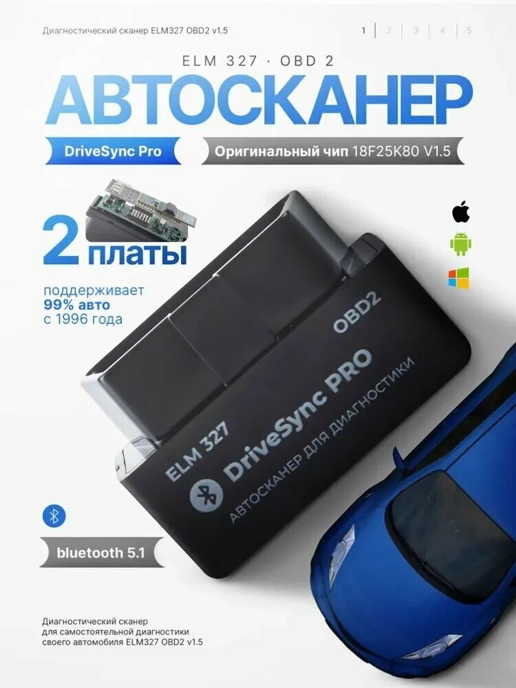 Диагностический сканер DriveSync Pro ELM327 OBD2 v1.5 Bluetooth 5.1 чип PIC18F25K80, 2 платы с поддержкой Android и iOS