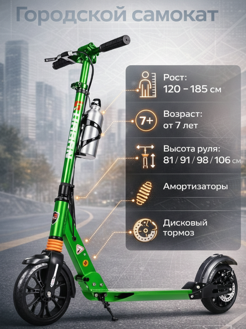 Складной городской самокат US Urban Scooter Disk Brake с дисковым тормозом, двумя амортизаторами и бутылкой для воды, Зелёный