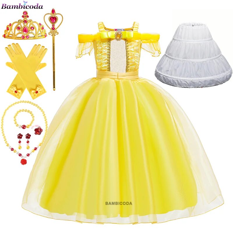 Платье принцессы Белль BAMBICODA для косплея 3-12 лет Желтый, 4T(110), Package list 4-03