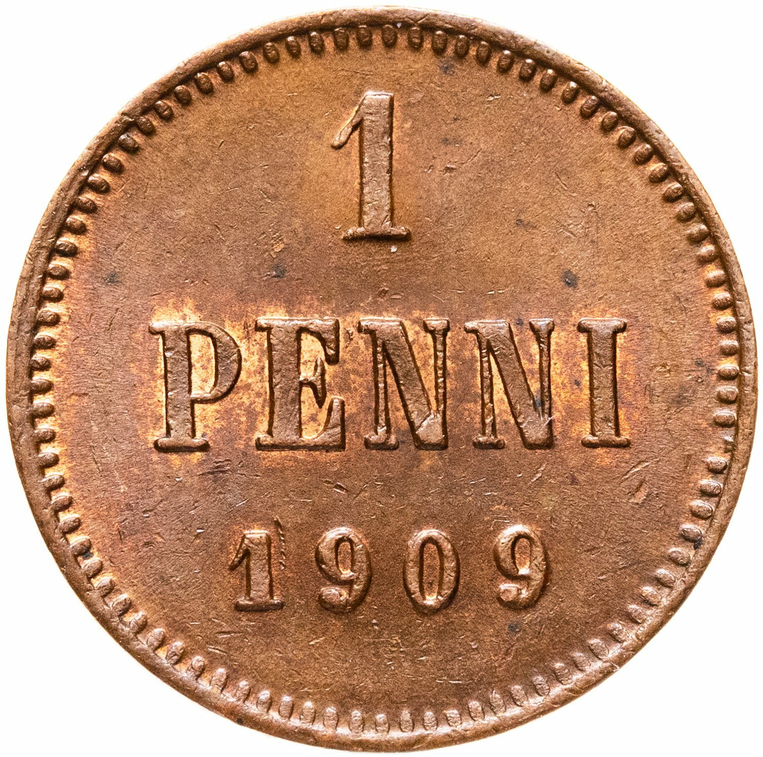 1 пенни penni 1909 Российская Финляндия, Медь, в сохранности AU-UNC
