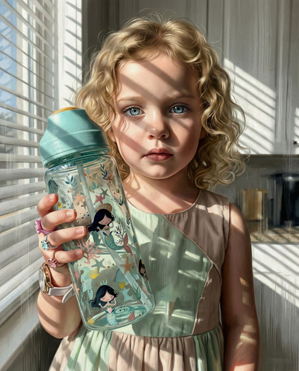 Бутылка для воды детская в садик и школу 550 мл для девочек с трубочкой спортивная матовая голубая русалочная